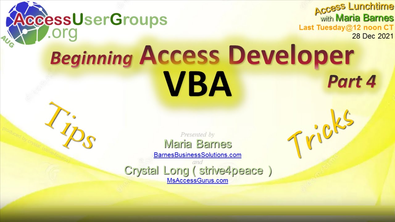 AL: Beginning Access Developer, Part 4 - VBA - Maria Barnes & Crystal Long (strive4peace) - YouTube