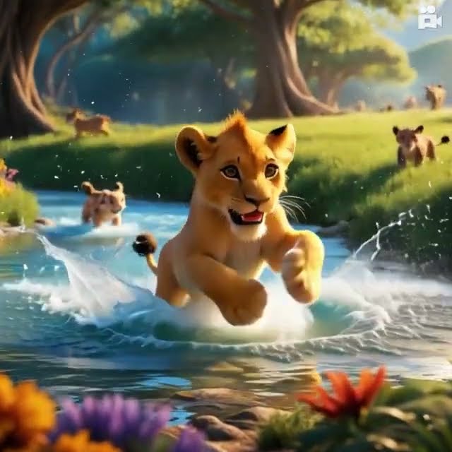 Simba Lion cub is playing with water splash - YouTube