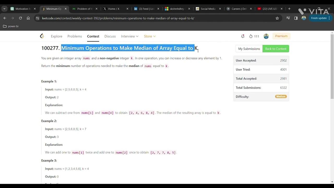 Leetcode Weekly Contest 392 100277 Minimum Operations To Make Median Of Array Equal To K