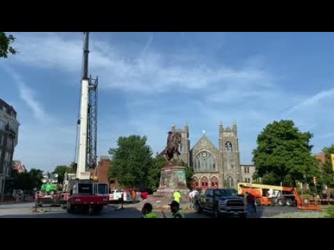 Crews prepare JEB Stuart statue for removal - YouTube