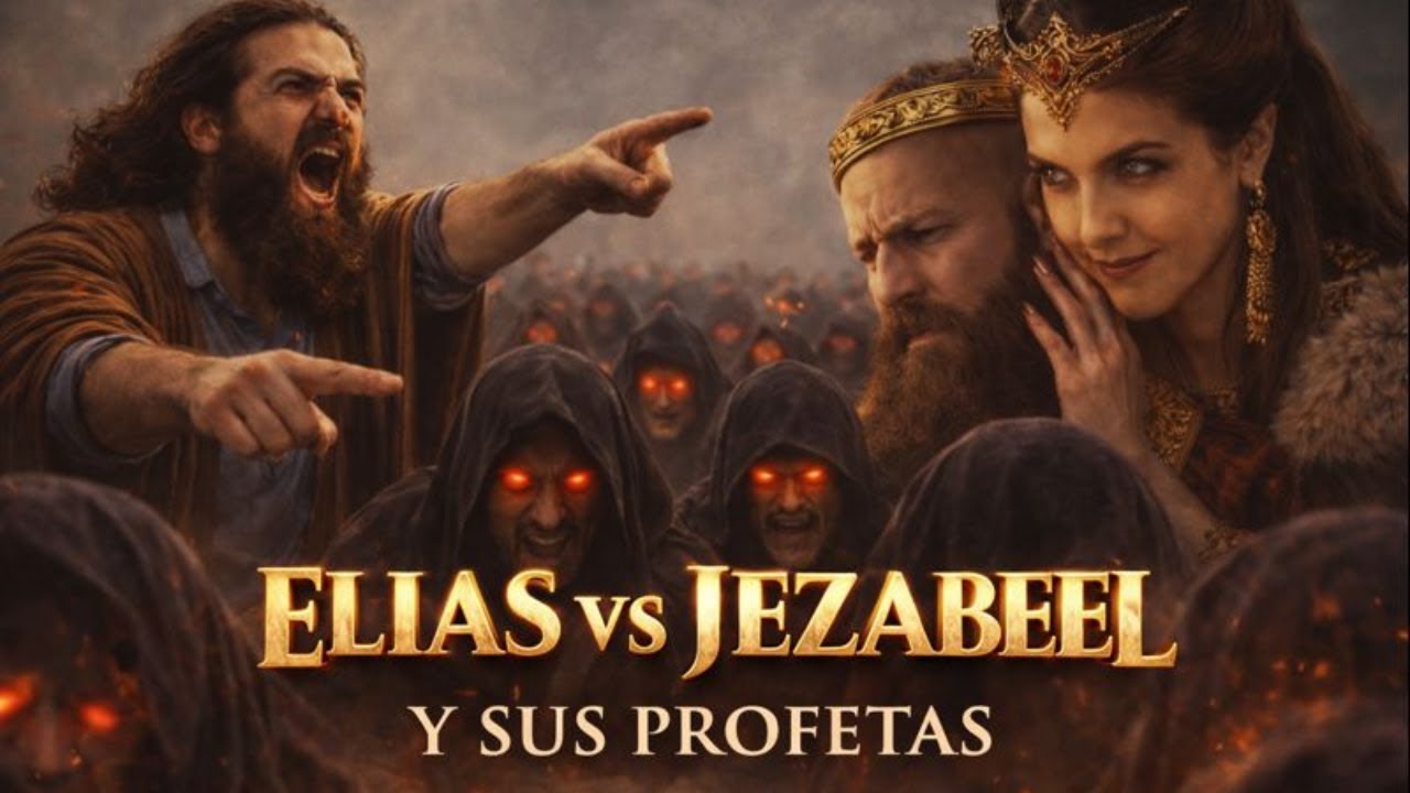 El rey Acab y su esposa Jezabel con sus profetas de baal frente a un ...