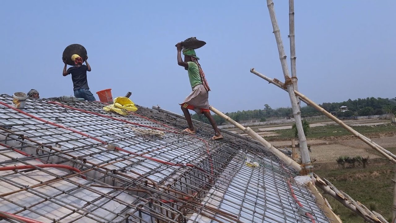 slope roof casting || 2nd floor slab dhalai || #construction - YouTube