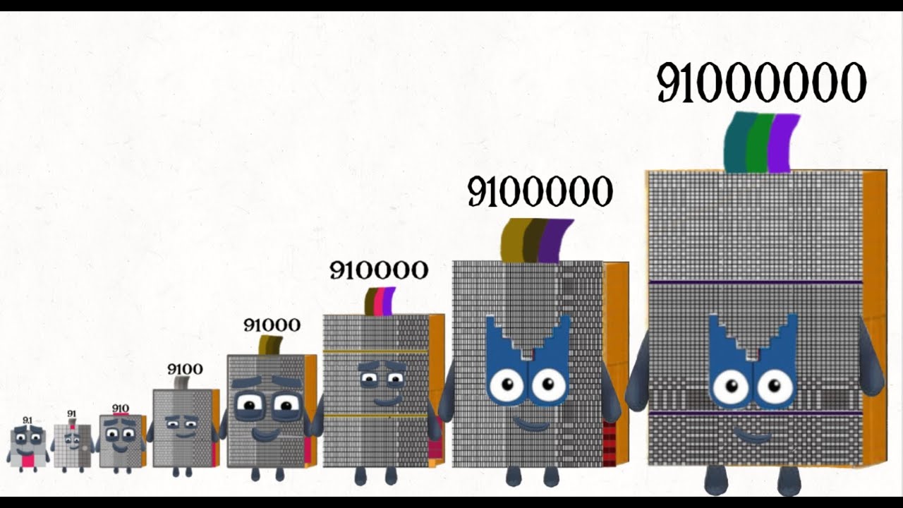 Numberblocks silent sneeze 9.1 to 91000000 small to large number - YouTube
