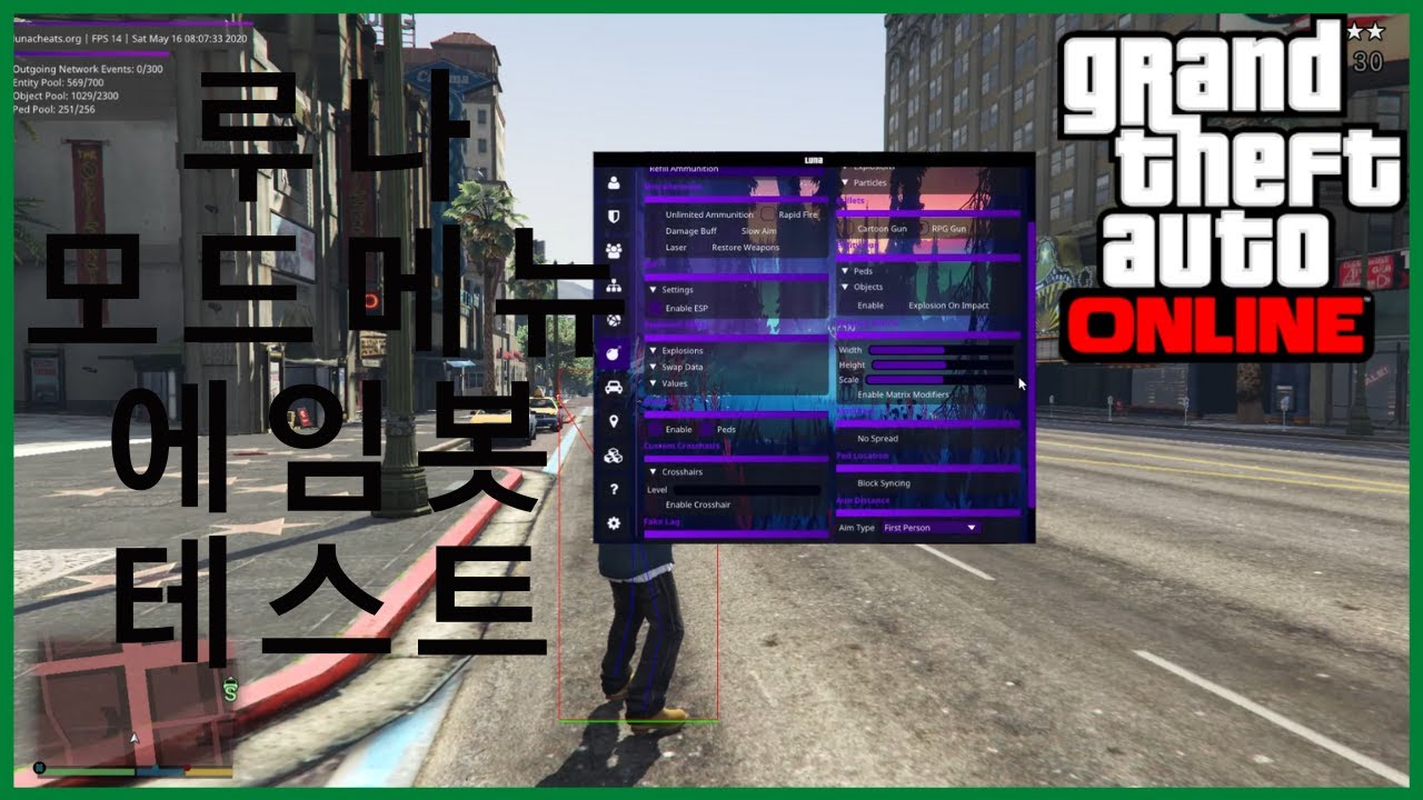 GTA5 루나 모드메뉴 ⚡️ESP+에임봇 테스트⚡️ gta5 Luna mod menu ESP+aimbot test - YouTube