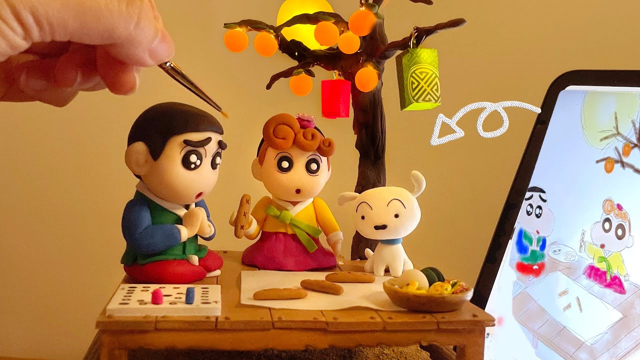 폴리머클레이로 윷놀이하는 짱아와 짱구 흰둥이 피규어 만들기 Shin-chan diorama with polymer clay ...