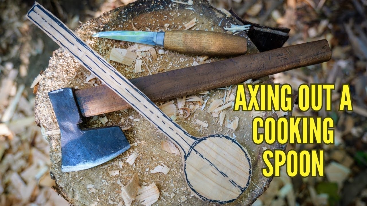 Old Fashioned Forest Craft. Axing Out a Straight Handle Cooking Spoon ...