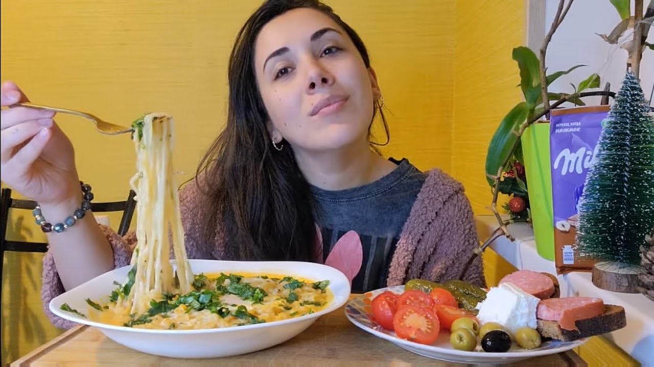 Mukbang ყველის ლაფშა 🍜🧀ბოსტნეული🍎🥒🫒და ბუტერბროდები🥰 გილოცავთ ყველაფერს