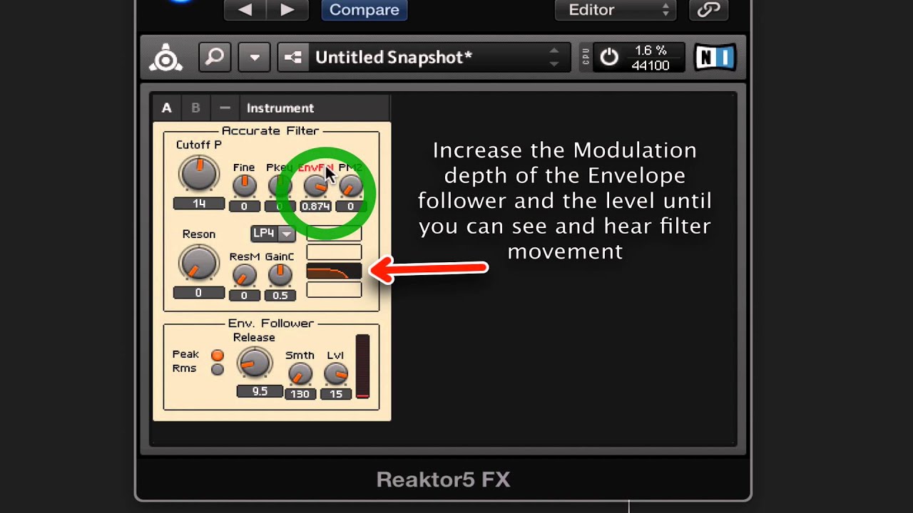 NI.Reaktor How To Envelope Follow Amplitude and Modulate Filter. - YouTube