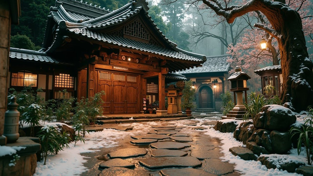 Cozy Asian Ambience ~ Zen Courtyard Snowfall & Bamboo Soundscape for ...