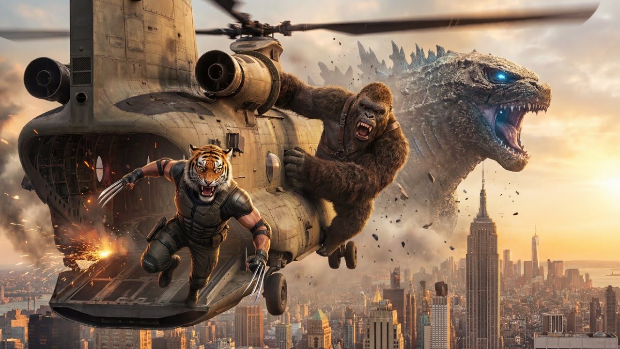 Godzilla & King Kong vs Tiger Man | Epic Helicopter Fight Scene! - YouTube