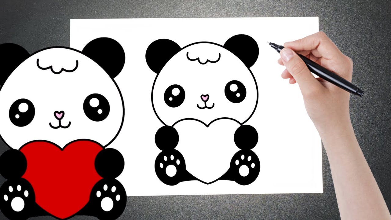 CÓMO DIBUJAR UN OSO PANDA CON UN CORAZÓN - YouTube