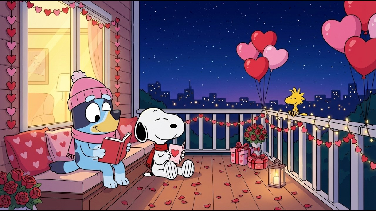 Snoopy & Bluey Valentine Balcony Night 🌙 Smooth Jazz Lofi for Study ...