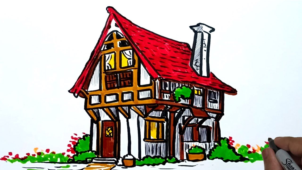 How to Draw a Cozy Fairytale Cottage. | Step-by-Step Colorful Drawing ...