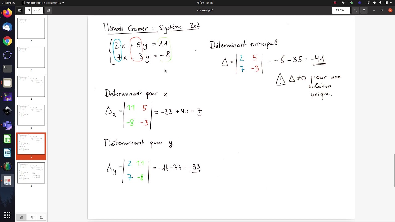 Méthode de Cramer par un exemple de système 2x2 - YouTube