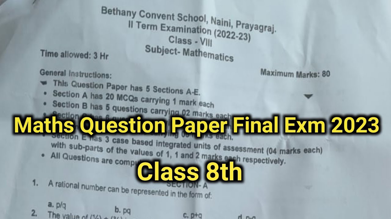 Maths question paper class 8 final exam 2023 l Bethany Convent School ...