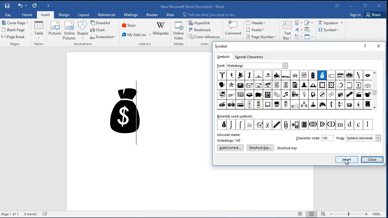 How to insert money bag symbol in Word - YouTube