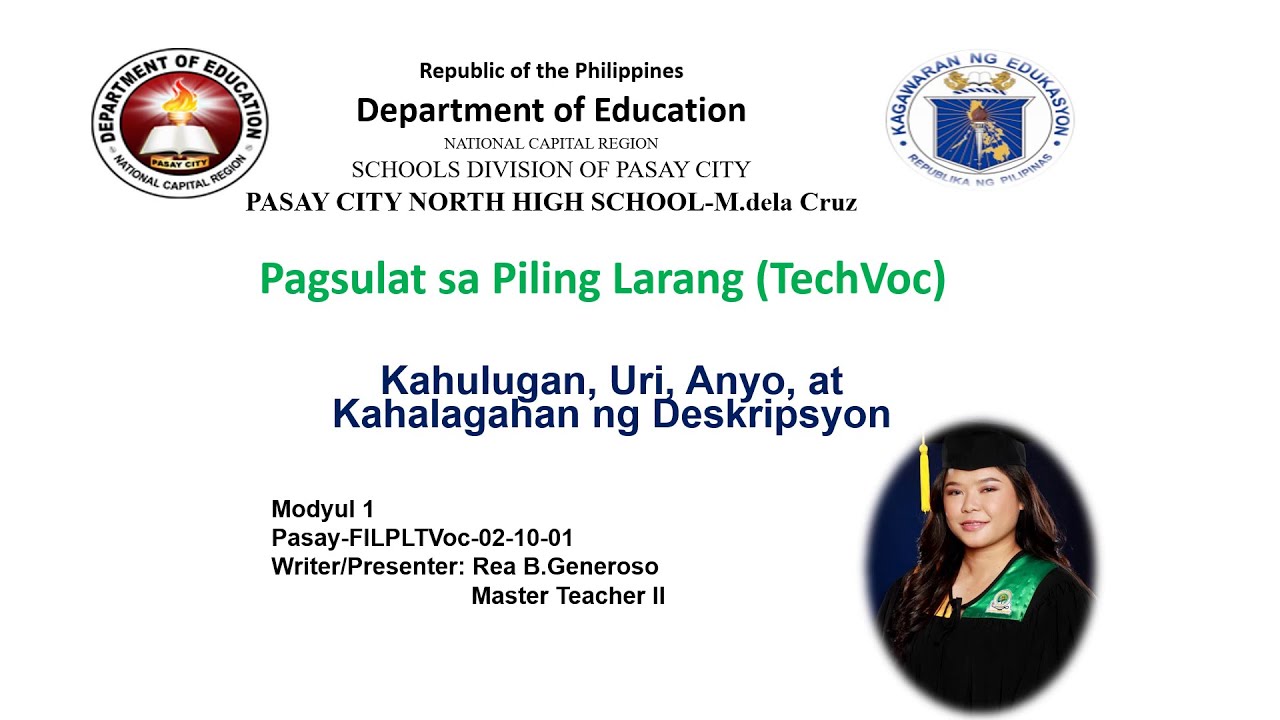 DepEd Pasay Filipino12 Tech Voc Q2-W10-D1 (Modyul 1) - YouTube
