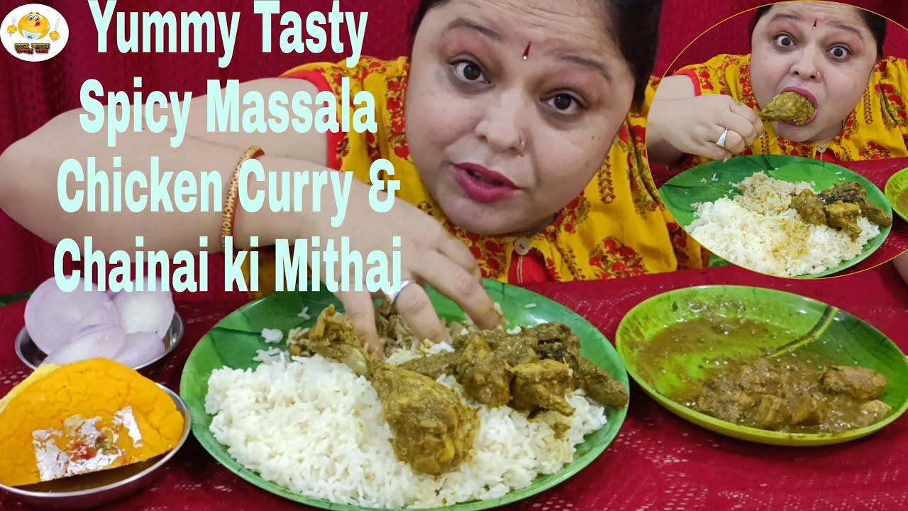 Yummy Spicy Chicken Curry, Rice, salad & Tasty Dessert Chaina Ki Mithai ...