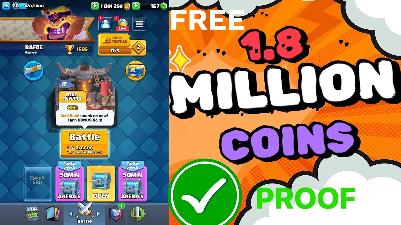 1.8 MILLION 🤑Coins Free In Clash Royale 😈| How to get 1.8 Million Coins ...