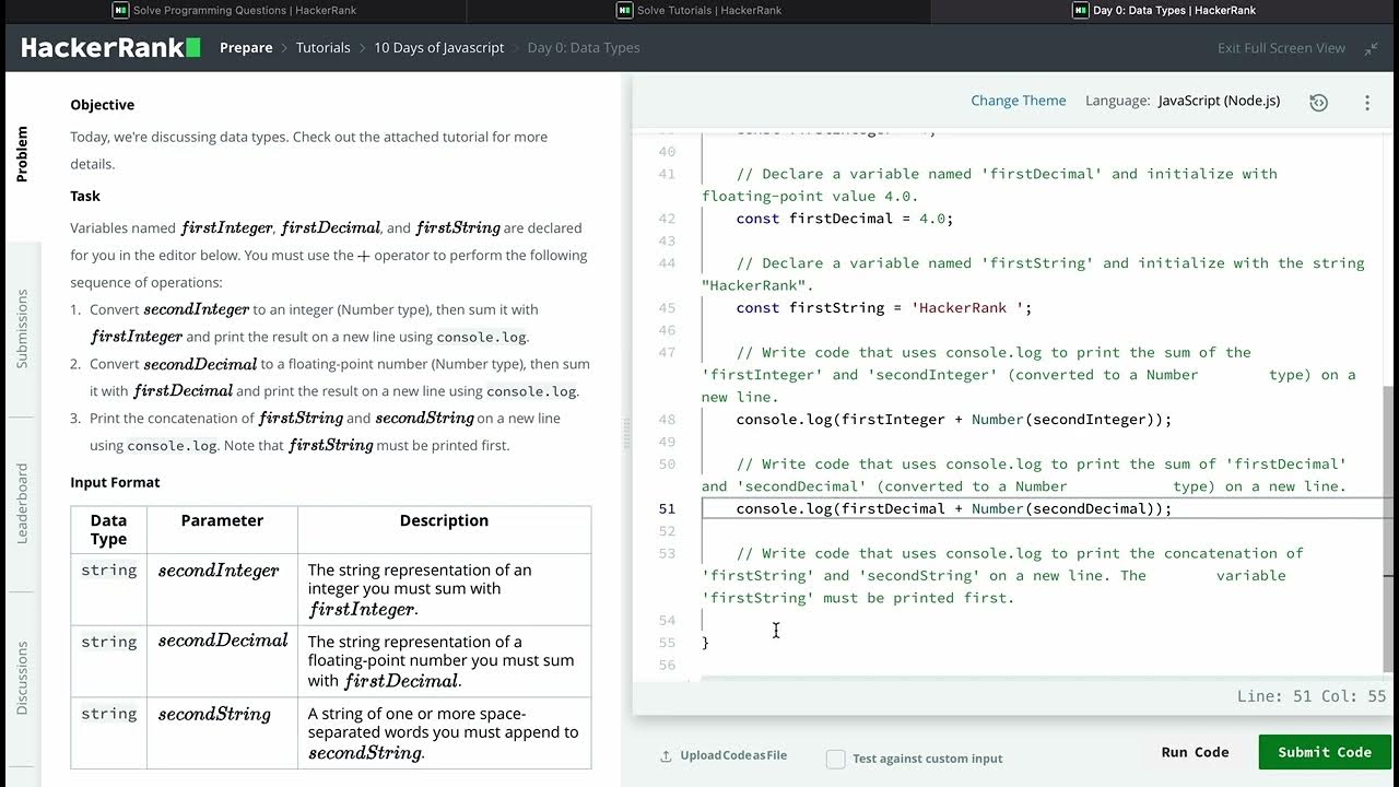 Hackerrank 10 Days Of Javascript Day 0 Data Types Youtube