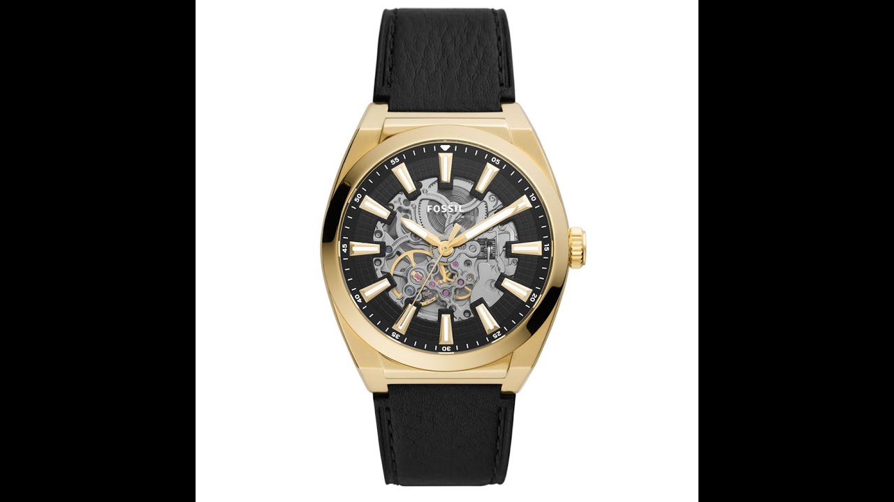 【FOSSIL】經典復古鏤空機械皮革腕錶/黑x金框 男錶 ME3208 - YouTube