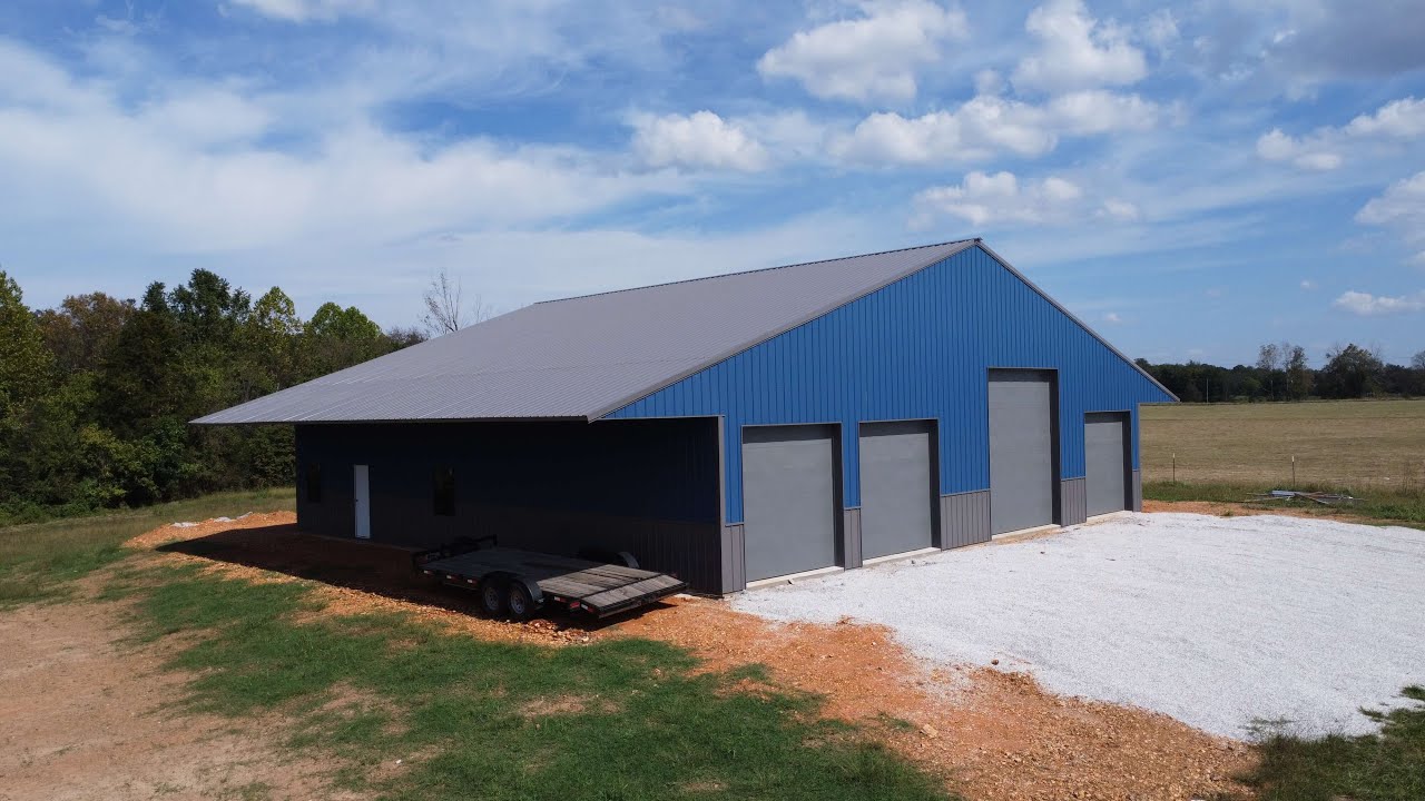 60x60 shop with Lean-tos : Gallery Blue and Charcoal Siding - YouTube