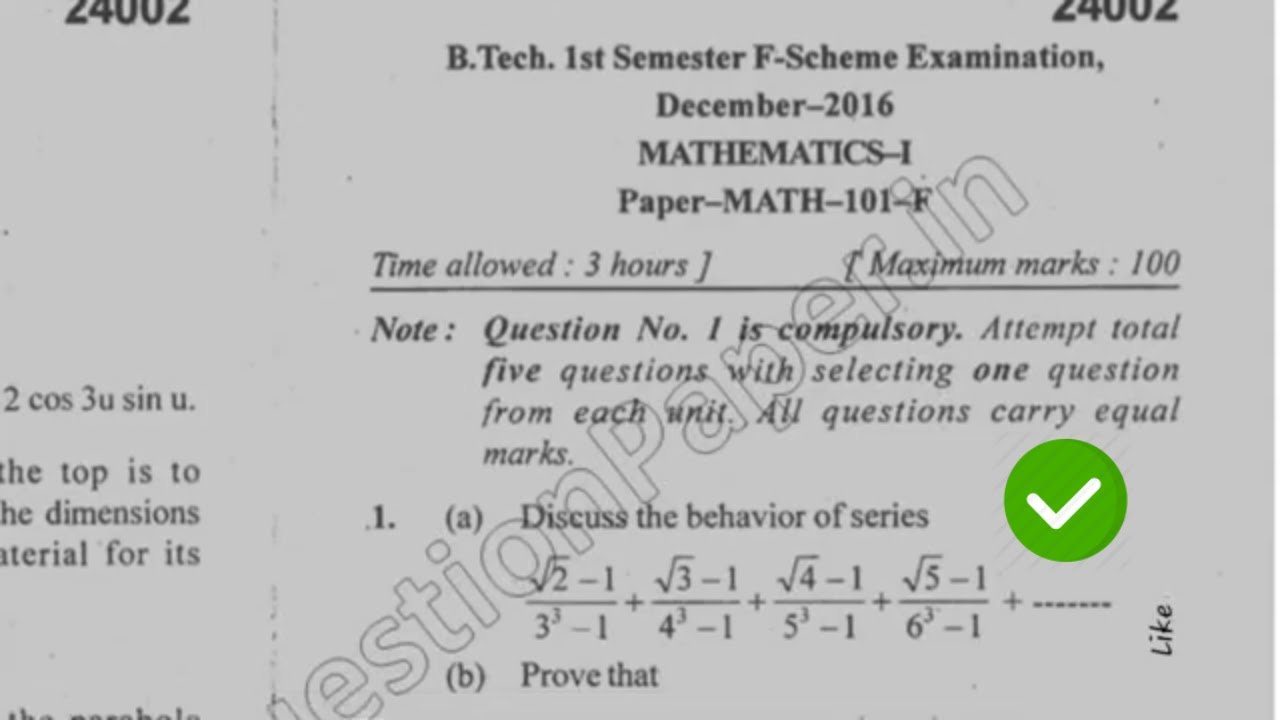 Mdu BTech 1st Sem Mathematics Question Paper 2016 #MduQuestionPaper ...