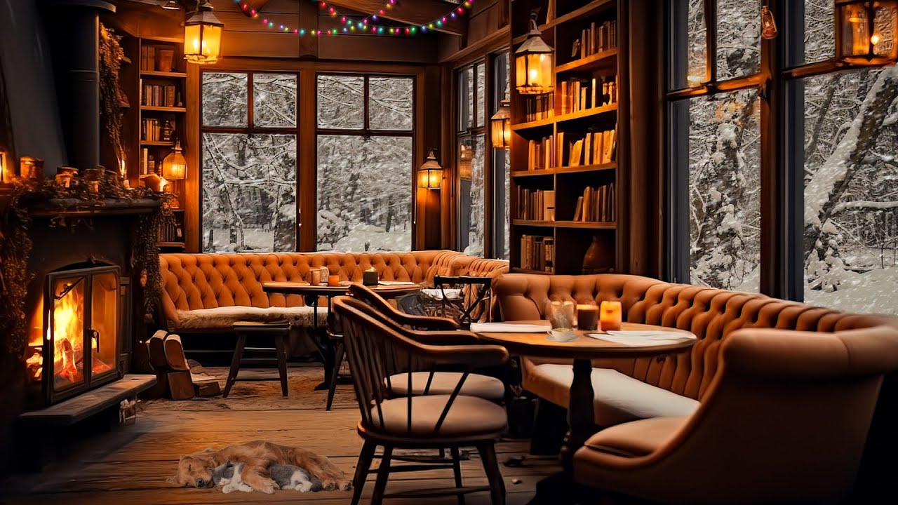 Cozy Winter Café Sounds Fireplace Crackling and Snowfall for a Relaxing ...
