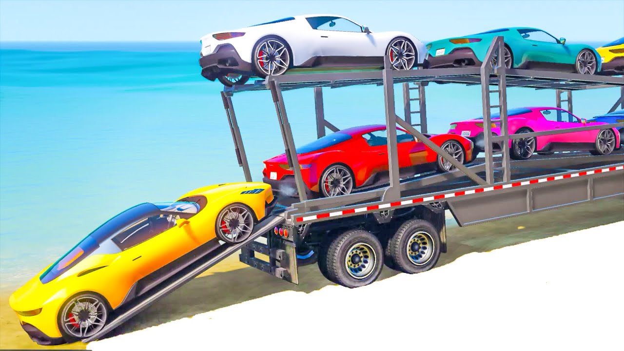 FLATBED TRUCK SPORTS CAR TRANSPORTATION WITH SUPERHEROES | TRUCK VS ...