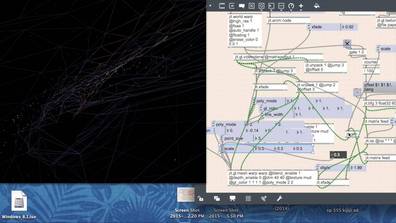 Cycling74 Max-Jitter doodle 27 - jit.gl.mesh / jit.bfg / jit.xfade / jit.gen matrix feedback ...