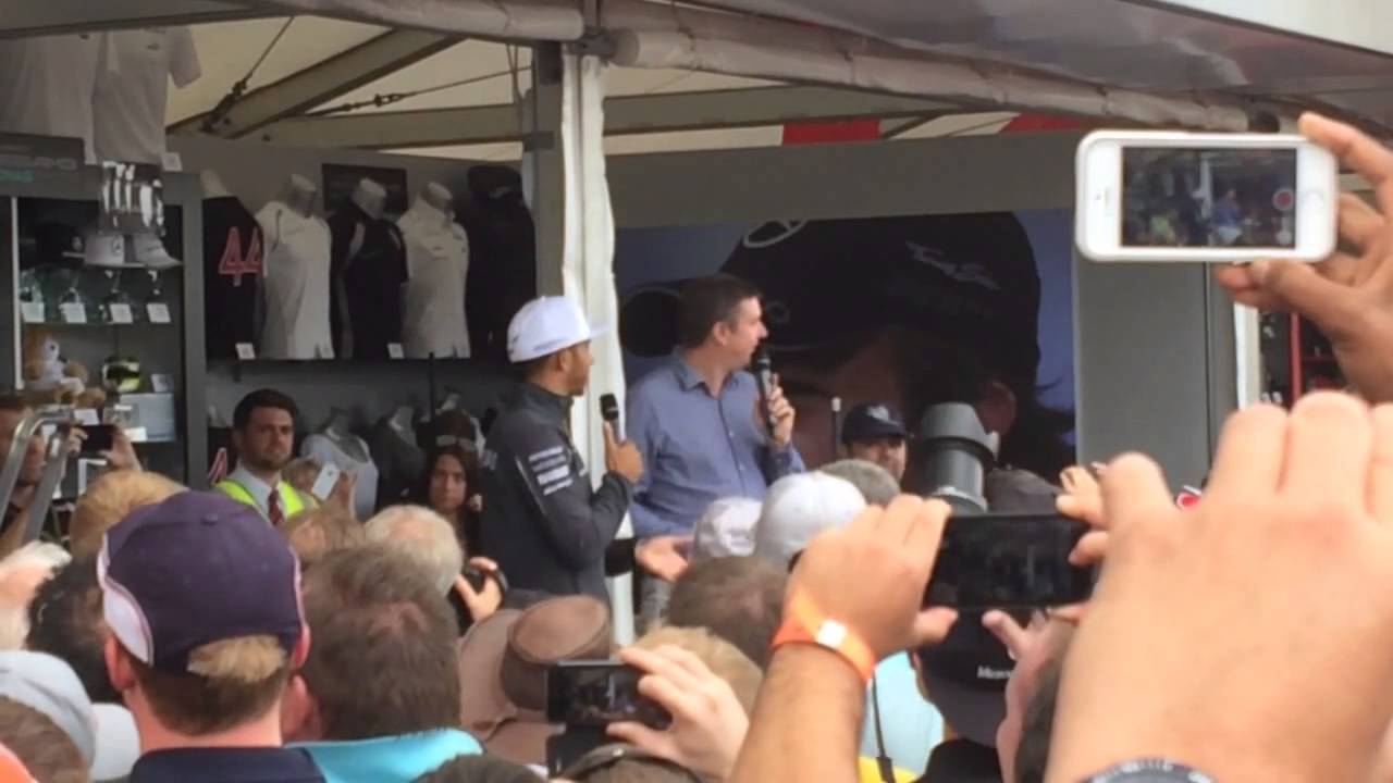 Lewis Hamilton talks to fans at the Mercedes stand - Silverstone ...