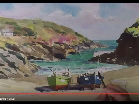 Learn to paint a blue sea, boats, harbor, cornwall, fishing boats - YouTube
