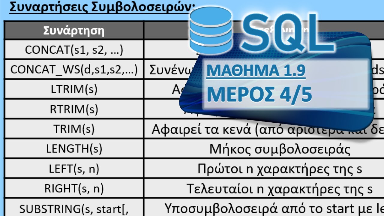 SQL - ΜΑΘΗΜΑ 1.9 - ΣΥΝΑΡΤΗΣΕΙΣ ΑΡΙΘΜΩΝ ΚΑΙ ΣΥΜΒΟΛΟΣΕΙΡΩΝ - Μ.4/5 ...