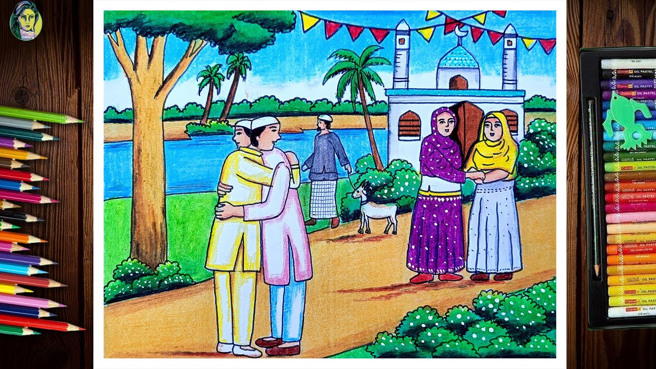 How To Draw A scenery Of Eid | Eid Ul Fitr Drawing Easy | Eid Mubarak ...
