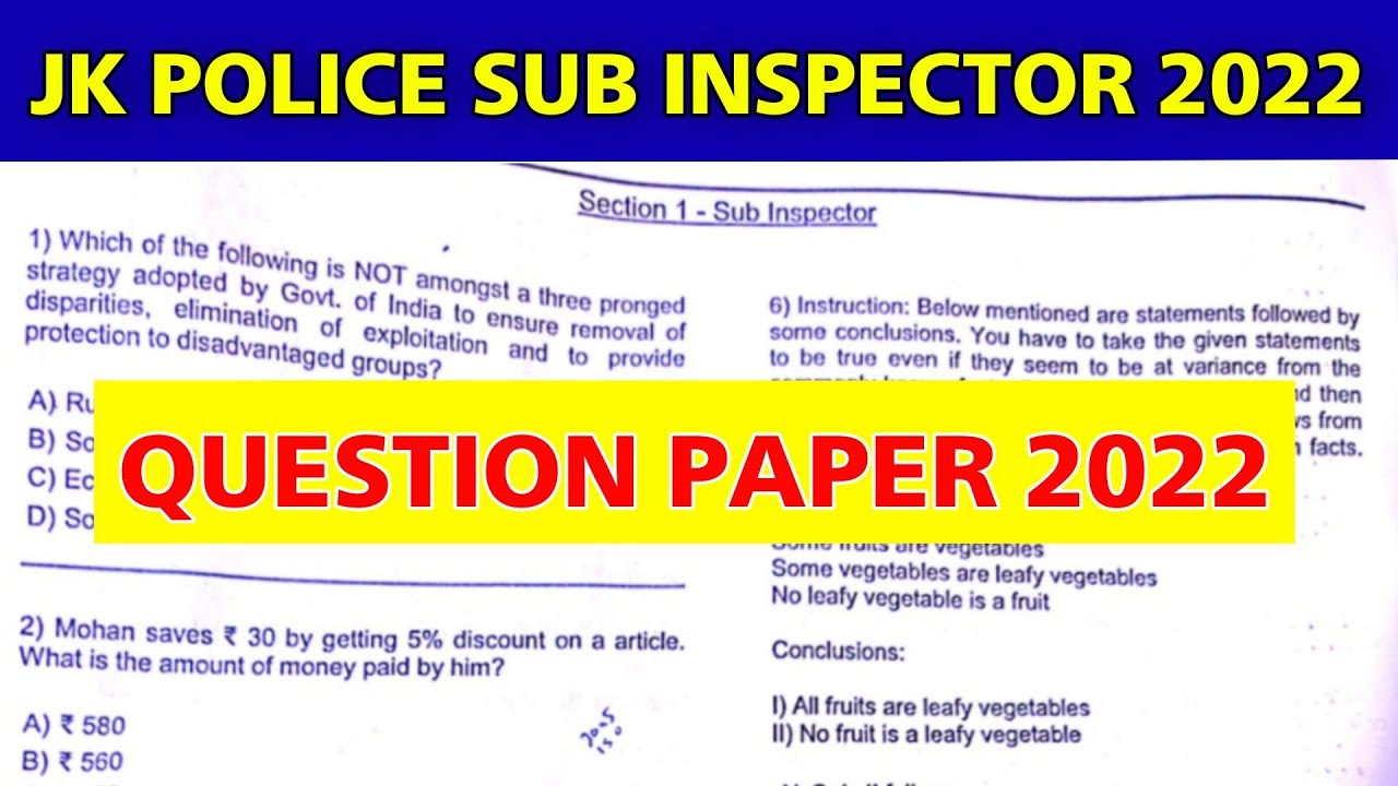 JK Police Sub Inspector Question Paper 2022 : JKPSI Question Paper ...