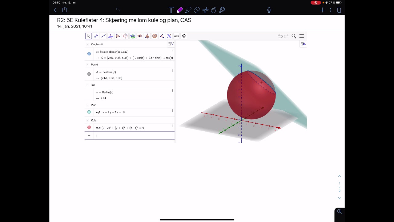 R2: 5Ε Kuleflater 4: Skjæring mellom kule og plan, Geogebra - YouTube