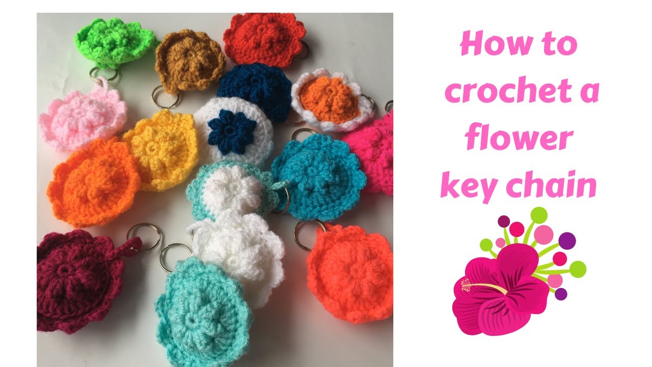How to crochet a flower key chain, easy tutorial, ถักโครเชต์พวงกุญแจดอก ...
