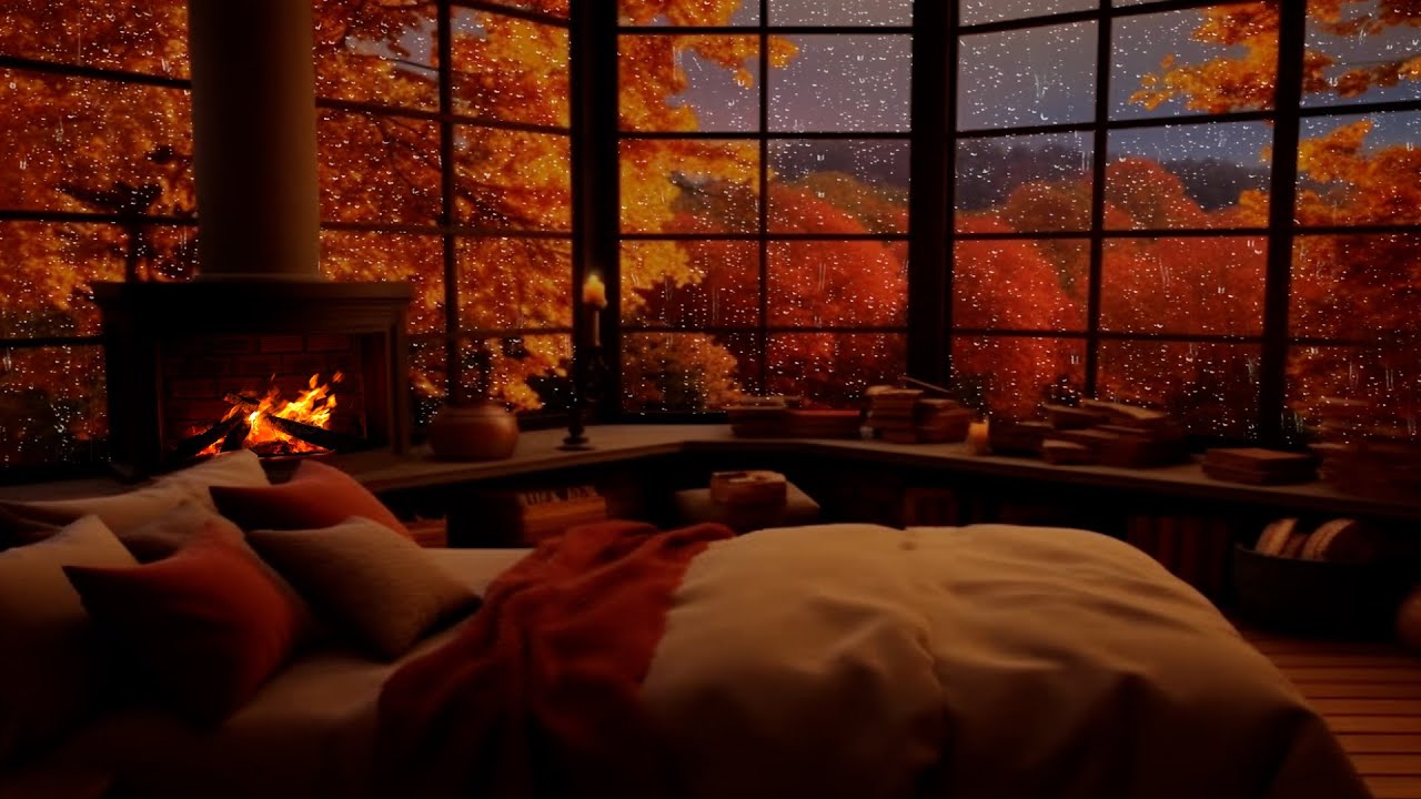 Cozy Hut Ambience with Autumn Rain and Crackling Fireplace Sound ...
