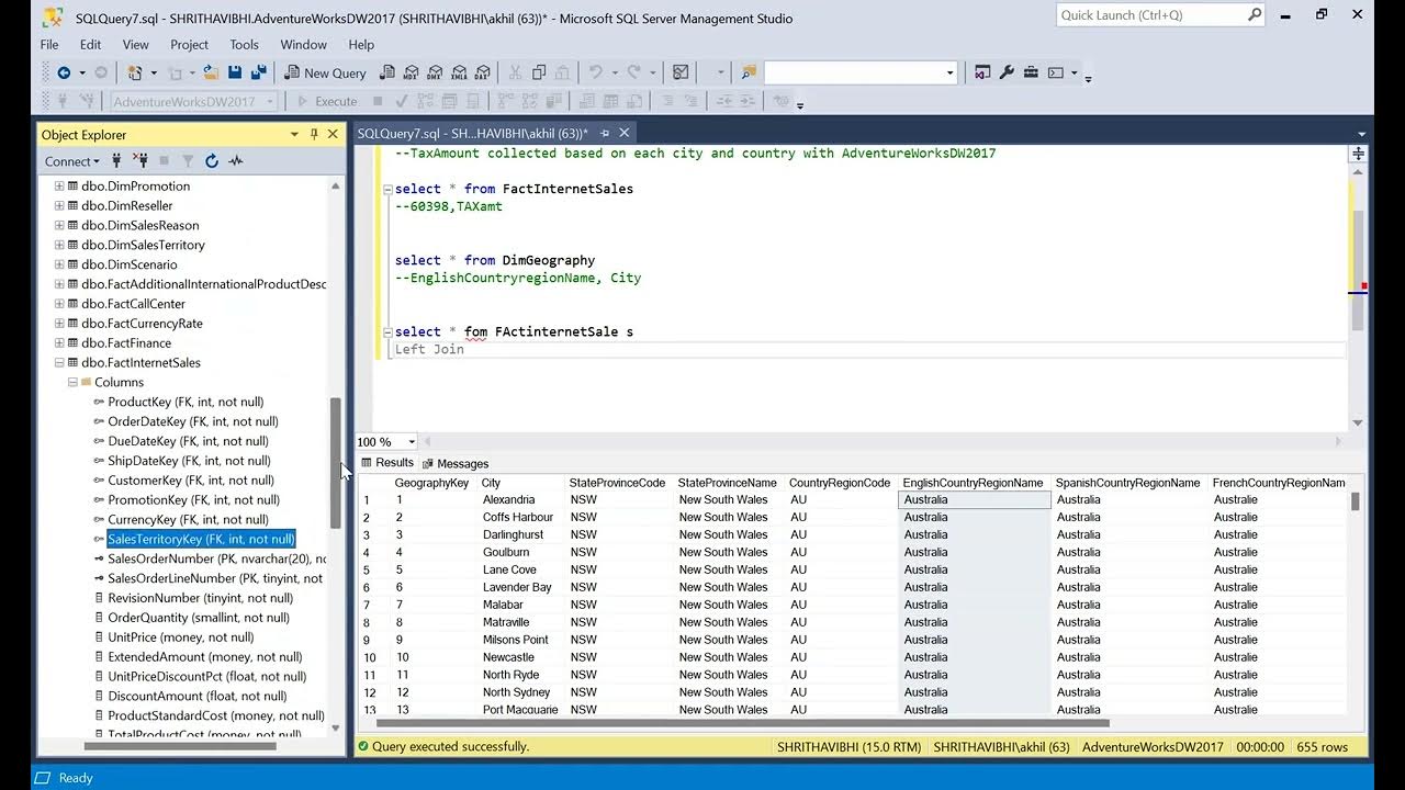 SQL Query to Calculate total TaxAmount per Country and City - YouTube