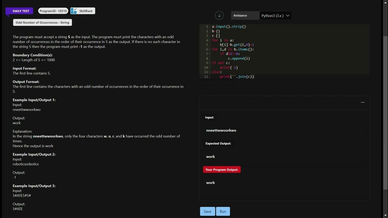 Skillrack Daily Test 30112023 Odd Number Of Occurences String Program Id 10310