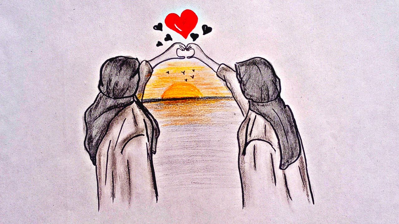 HOW TO DRAW HIJAB GIRL | 2 FRIENDS DRAWING | GIRL DRAWING MAKING HEART ...