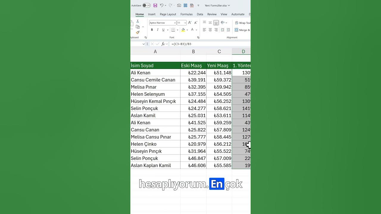 Excel’de Maaşa Gelen Zam Oranını Hesaplama #excelpratik #exceltips #exceldersleri #exceltricks ...