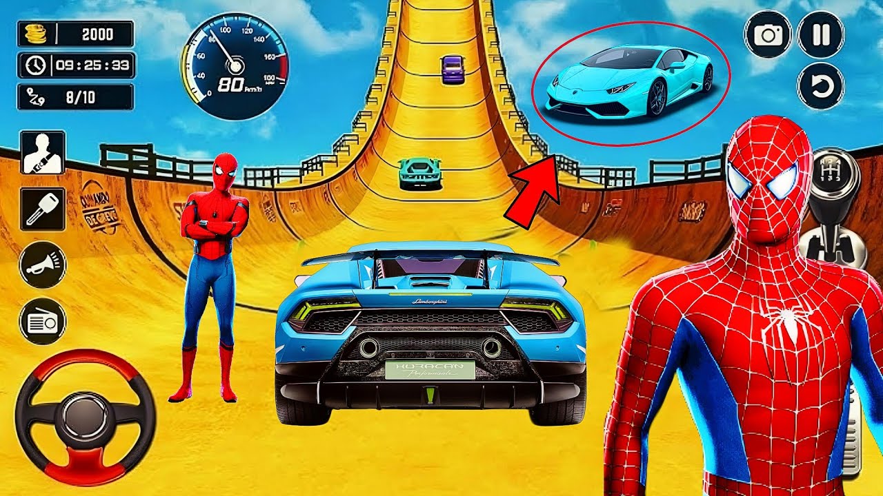"Spider-Man Drives Lamborghini on Mega Ramp! Epic Car Stunt Challenge ...