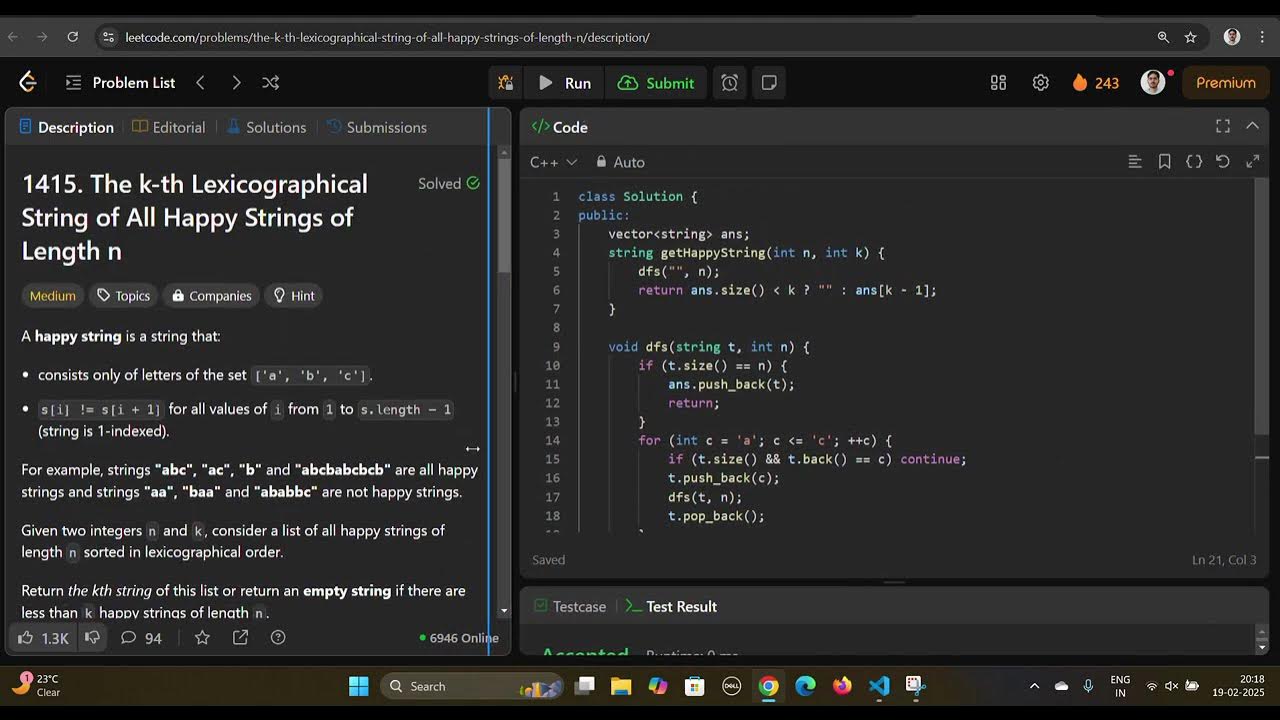 The k-th Lexicographical String of All Happy Strings of Length n|LEETCODE19-02-25 ...