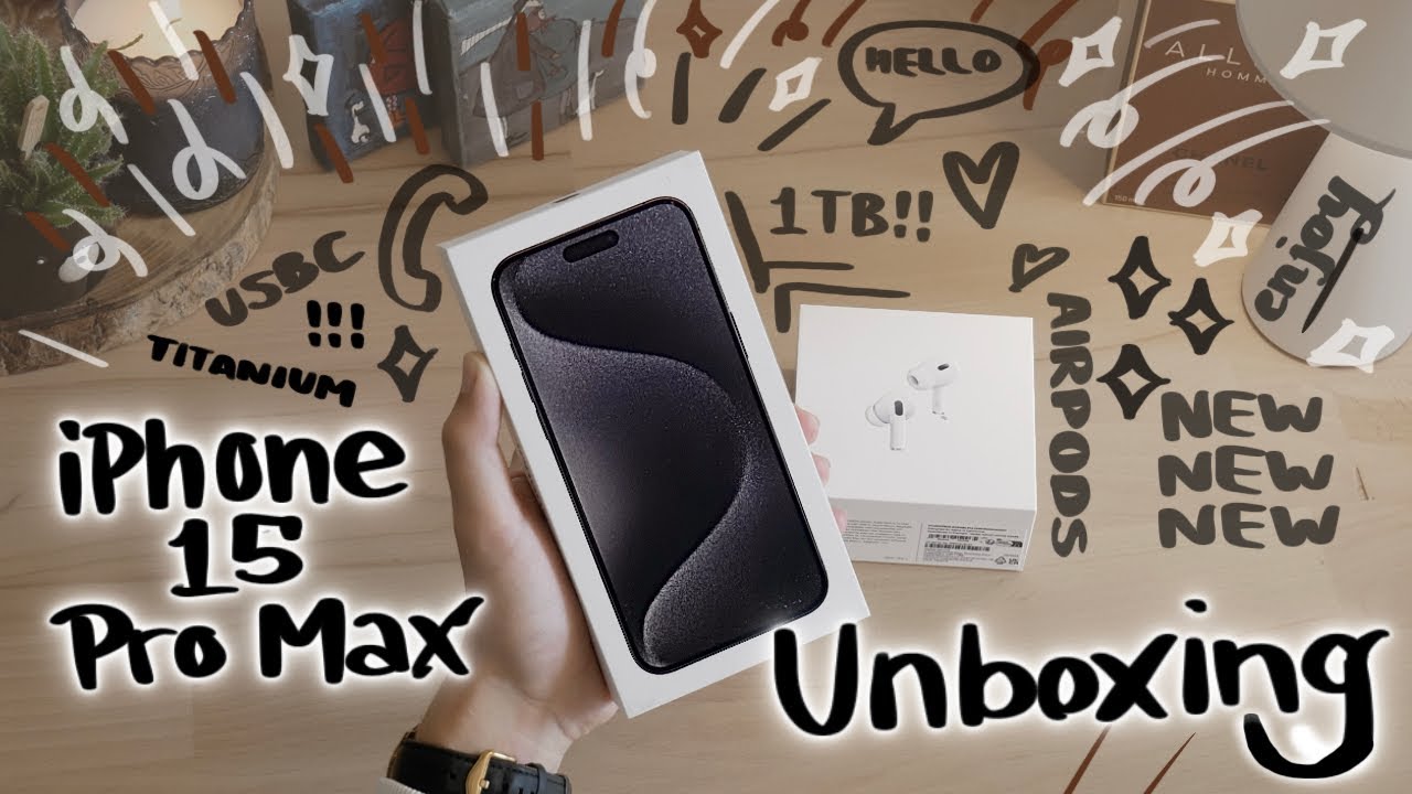 iPhone 15 Pro Max Black Titanium Aesthetic Unboxing 📦 AirPods Pro 2 USB ...