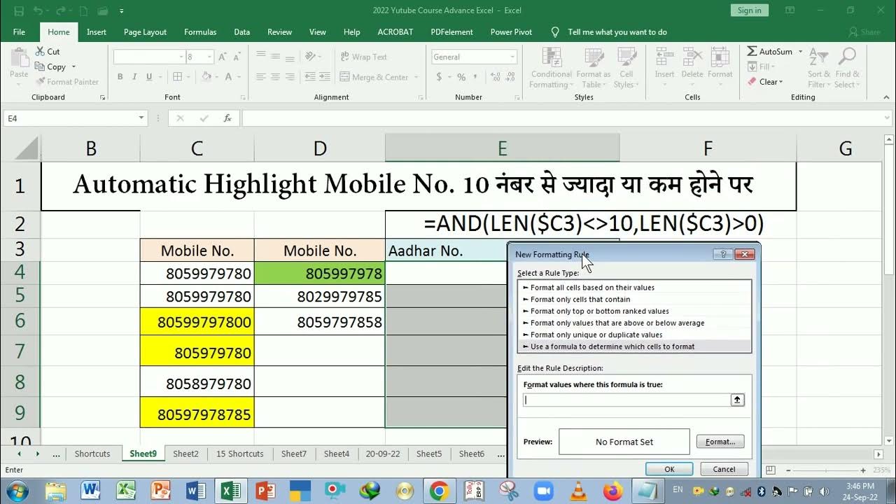 Mobile No. 10 नंबर से ज्यादा या कम होने पर Automatic Highlight Cell in Excel | Excel ...