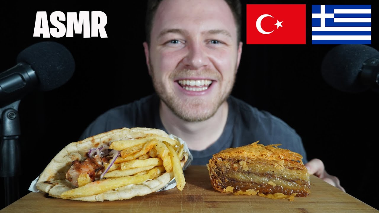 ASMR: GREEK & TURKISH CUISINE - CHICKEN SOUVLAKI & BAKLAVA - YouTube