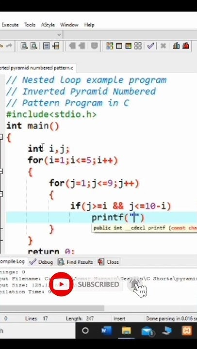 #66 Inverted Pyramid Pattern Program using Numbers in C | C Programming ...