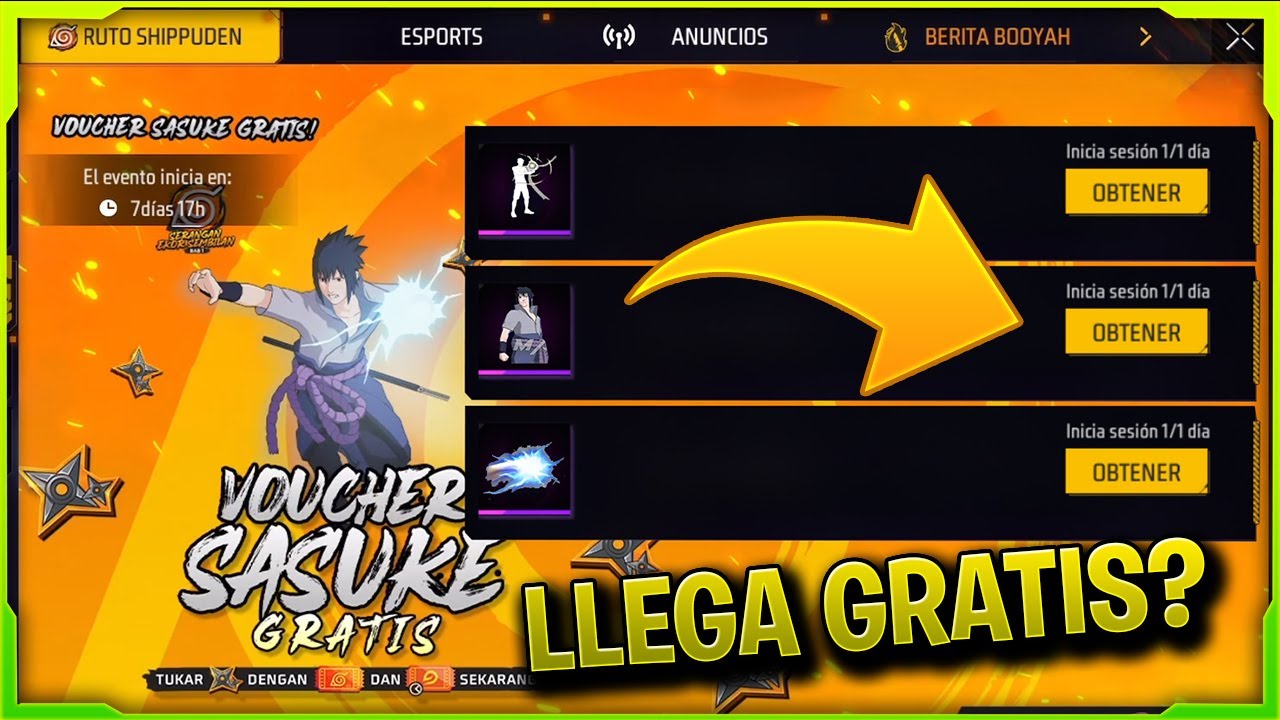 LLEGA SASUKE GRATIS? FREE FIRE X NARUTO *Como Obtener Skin Gratis y ...