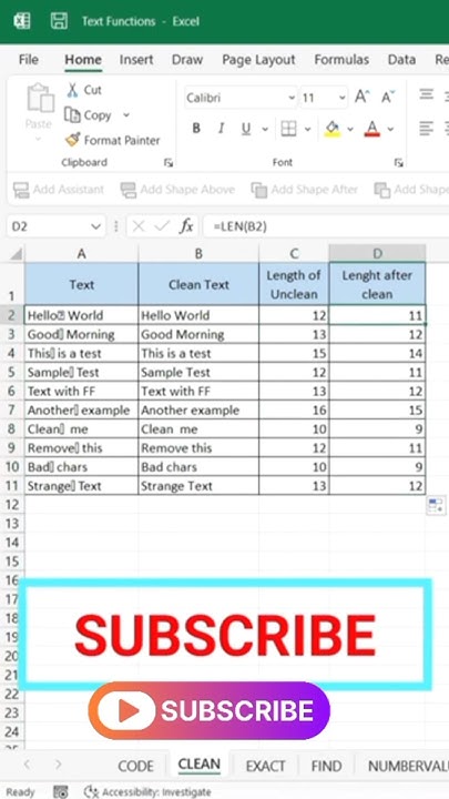 How To Use Clean And Len Formula In Excel | #excel #exceltips #exceltricks - YouTube